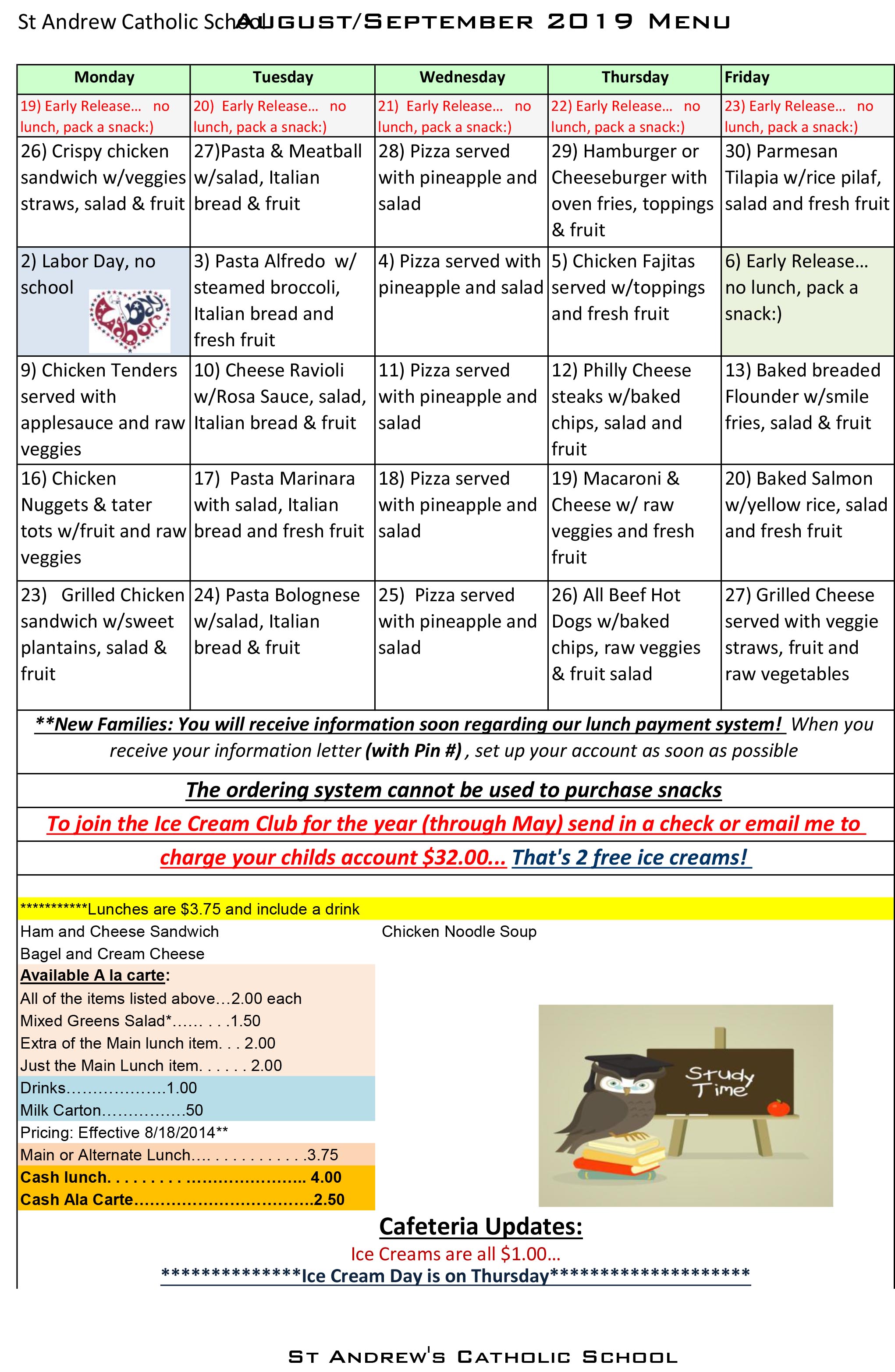 St. Andrew's Catholic School - Lunch Menu